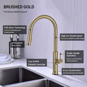 TRUSTMI Touch Kitchen Faucet, Single Handle Brass Kitchen Sink Faucets with with 2 Function Pull Down Sprayer, Smart Kitchen Faucet Touch On Activated, Brushed Gold