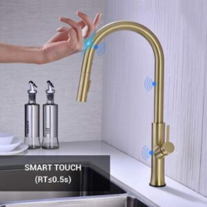 TRUSTMI Touch Kitchen Faucet, Single Handle Brass Kitchen Sink Faucets with with 2 Function Pull Down Sprayer, Smart Kitchen Faucet Touch On Activated, Brushed Gold