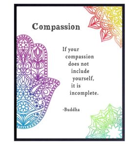 compassion buddha quote - inspirational zen wall art decor - 8x10 buddhism poster print for spa decoration, yoga, meditation room - namaste buddhist gift - hamsa hand of fatima, mandala, lotus, om