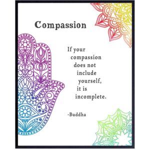 Compassion Buddha Quote - Inspirational Zen Wall Art Decor - 8x10 Buddhism Poster Print for Spa Decoration, Yoga, Meditation Room - Namaste Buddhist Gift - Hamsa Hand of Fatima, Mandala, Lotus, Om