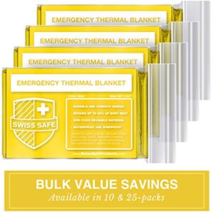 Swiss Safe Emergency Mylar Thermal Blankets + Bonus Gold Foil Space Blanket. Designed for NASA, Outdoors, Survival, First Aid, Gold, 25 Pack