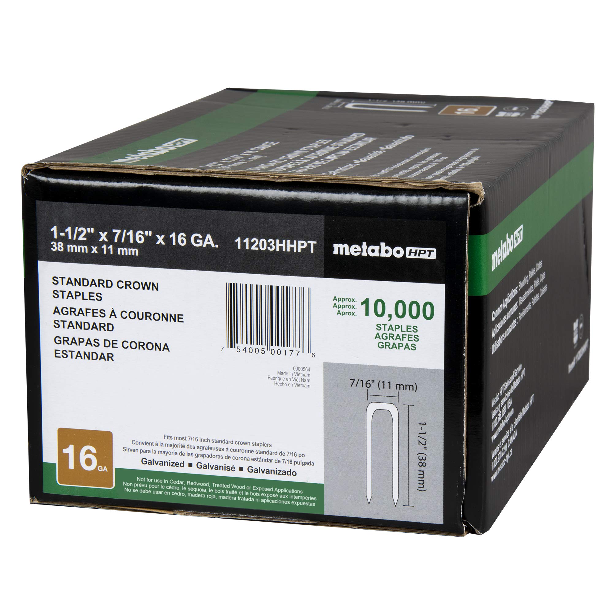 Metabo HPT Staples | 7/16 in. x 1-1/2 in. | Standard Crown | 16 Gauge | Electro Galvanized | 10,000 Count | 11203HHPT