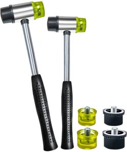 motbach 2 pack double head plastic and rubber hammer, double-faced soft hammer(25mm and 35mm) with 4 pcs replacement head(25mm and 35mm) for jewelry, leather crafts, wood, flooring installation