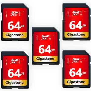 gigastone 64gb 5-pack sd card uhs-i u1 class 10 sdxc memory card high speed full hd video canon nikon sony pentax kodak olympus panasonic digital camera, with 5 mini cases