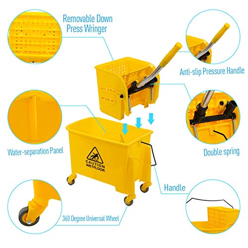 Mop Bucket with Side Press Wringer, 5.28 Gallon Mop Bucket with Wringer Combo Commercial Home Cleaning Cart