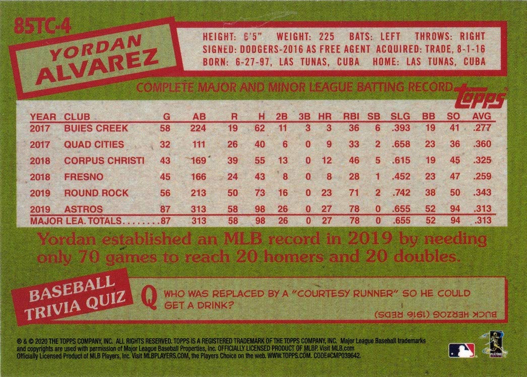 2020 Topps Chrome 1985 Baseball #85TC-4 Yordan Alvarez Rookie Card