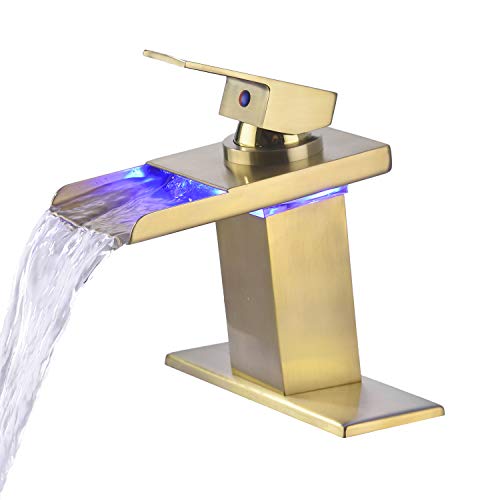 Mekoly LED Bathroom Faucet,Gold Bathroom Sink Waterfall Faucet RV Bath Vanity Faucets for Sinks 1 Hole,Brushed Gold Bathroom Faucets 3 Hole