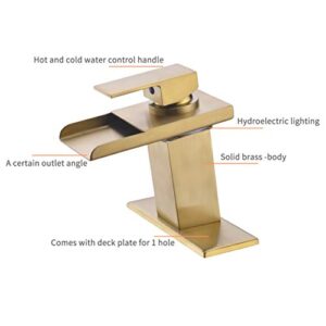 Mekoly LED Bathroom Faucet,Gold Bathroom Sink Waterfall Faucet RV Bath Vanity Faucets for Sinks 1 Hole,Brushed Gold Bathroom Faucets 3 Hole