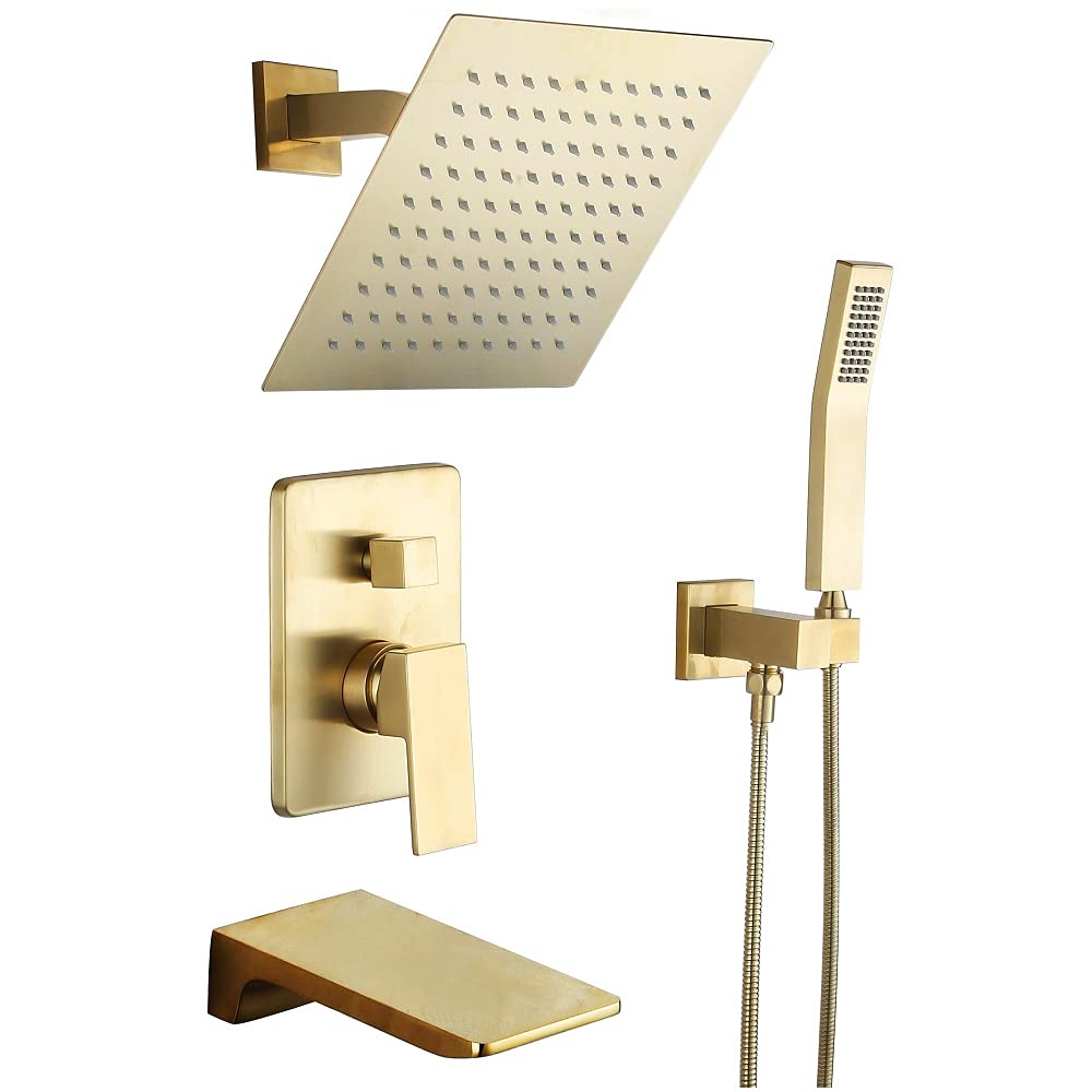 HiMyLEN Shower Faucet Set Brushed Gold 10'' Bathroom Square Rain Shower Head with Tub Faucet Handheld Spray, Wall Mounted Rainfall Shower Pressure Balance Shower Fixture, Rough-in Valve