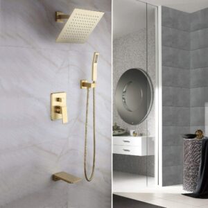 HiMyLEN Shower Faucet Set Brushed Gold 10'' Bathroom Square Rain Shower Head with Tub Faucet Handheld Spray, Wall Mounted Rainfall Shower Pressure Balance Shower Fixture, Rough-in Valve