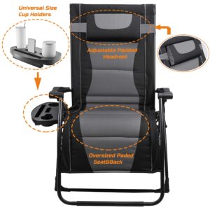 Adako USA XXL Oversize Recliner Folding Chair for Camping Patio Outdoors Zero Gravity Extra Wide Reclining Padded Seats with Sunshade and Cup Holder Tray [Heavy Duty]