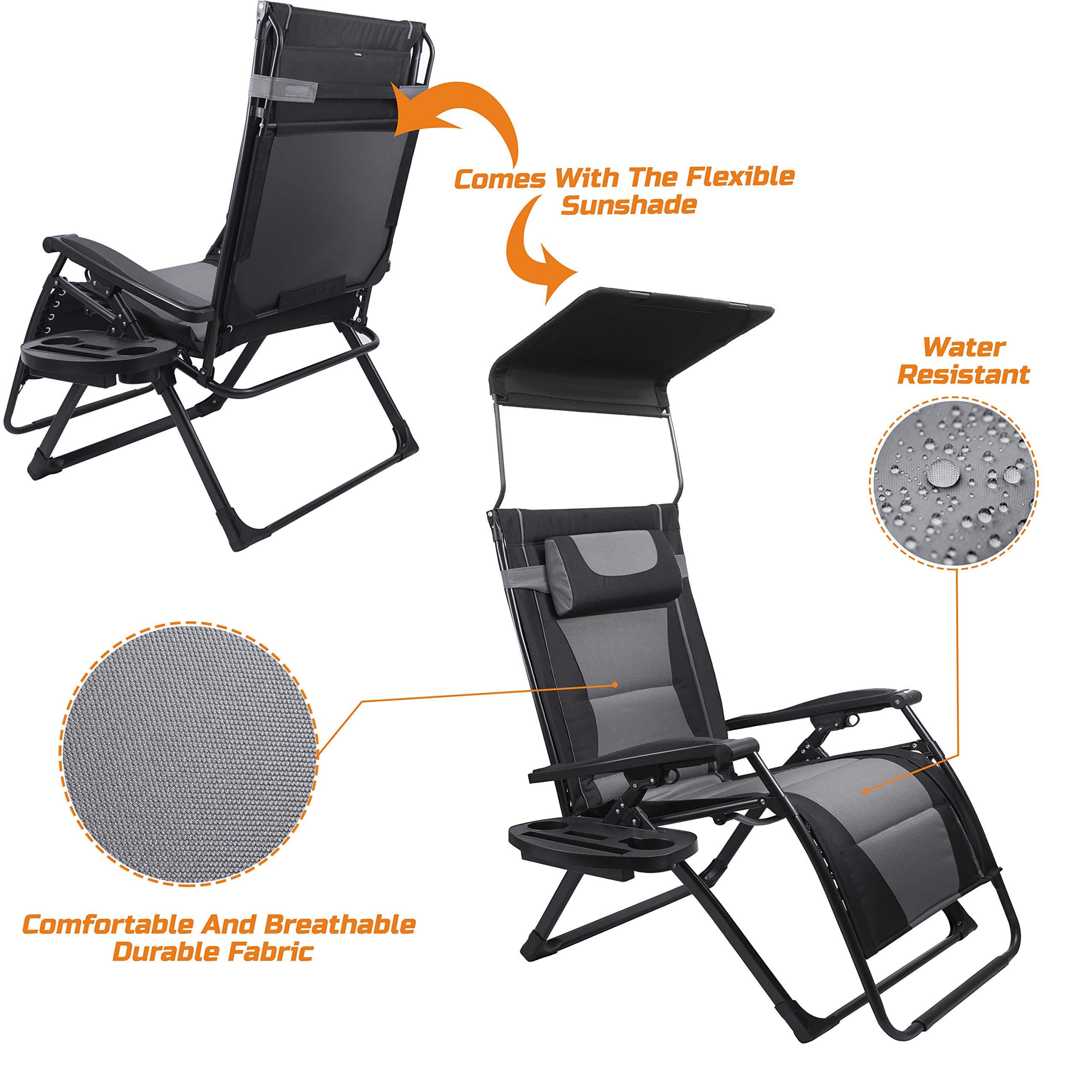 Adako USA XXL Oversize Recliner Folding Chair for Camping Patio Outdoors Zero Gravity Extra Wide Reclining Padded Seats with Sunshade and Cup Holder Tray [Heavy Duty]