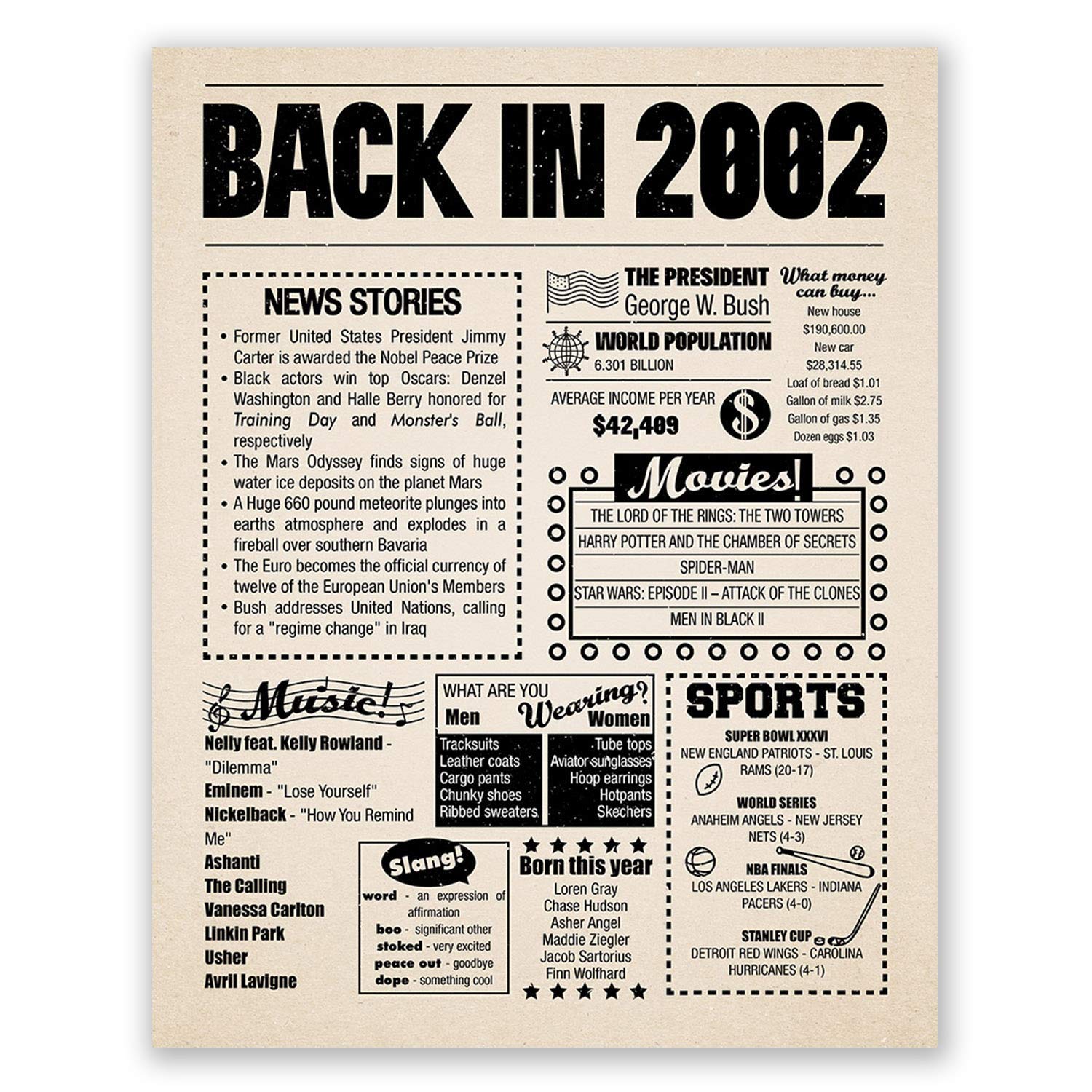 8x10 2002 Birthday Gift // Back in 2002 Newspaper Poster // 22nd Birthday Gift // 22nd Party Decoration // 22nd Birthday Sign // Born in 2002 Print (8x10, Newspaper, 2002)