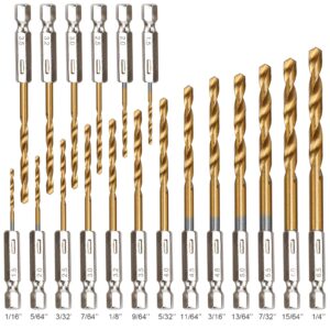 yxyl 19pcs premium hex drill bit set, titanium drill bits set, high speed steel hex shank drill bits sets, twist drill bits set, quick change drill bits for wood, hss drill bit set 1/16"-1/4"