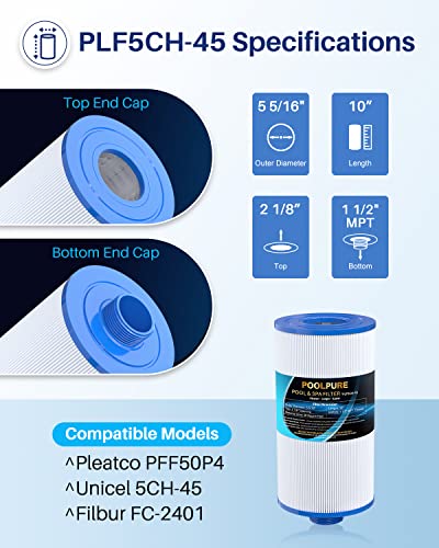 POOLPURE Replacement Filter for PFF50P4, Unicel 5CH-45, Filbur FC-2401, Baleen AK-90108, Legend 090164055428, PFF50 W/PAD, PFF50-PAD4, PFF50P, SD-00363, 45 sqft Filter Cartridge