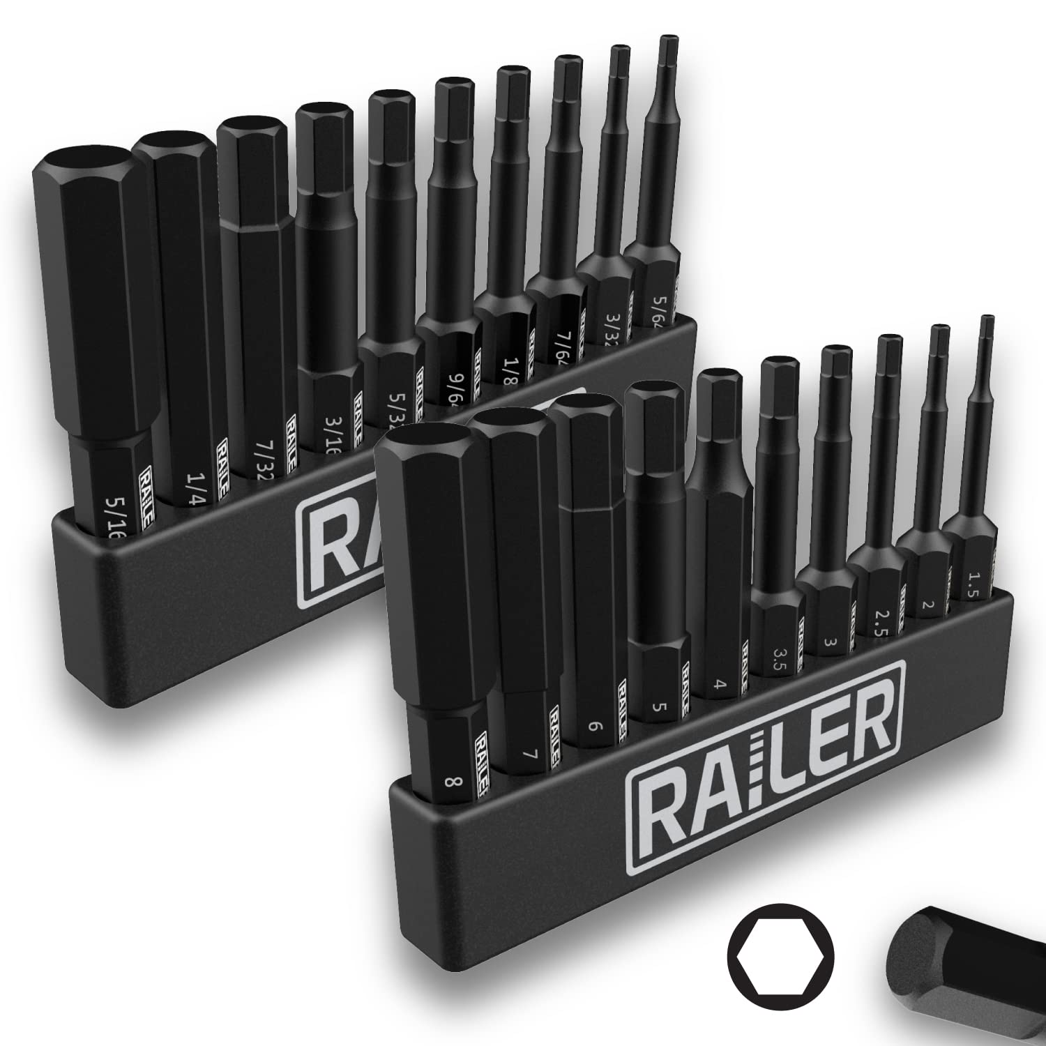 Hex Bit Set, Railer 20-PC Hex Head Allen Wrench Screwdriver SAE & MM Hex Bit Set. S2 Steel Impact Driver 2" Hex Bits for Furniture Screws