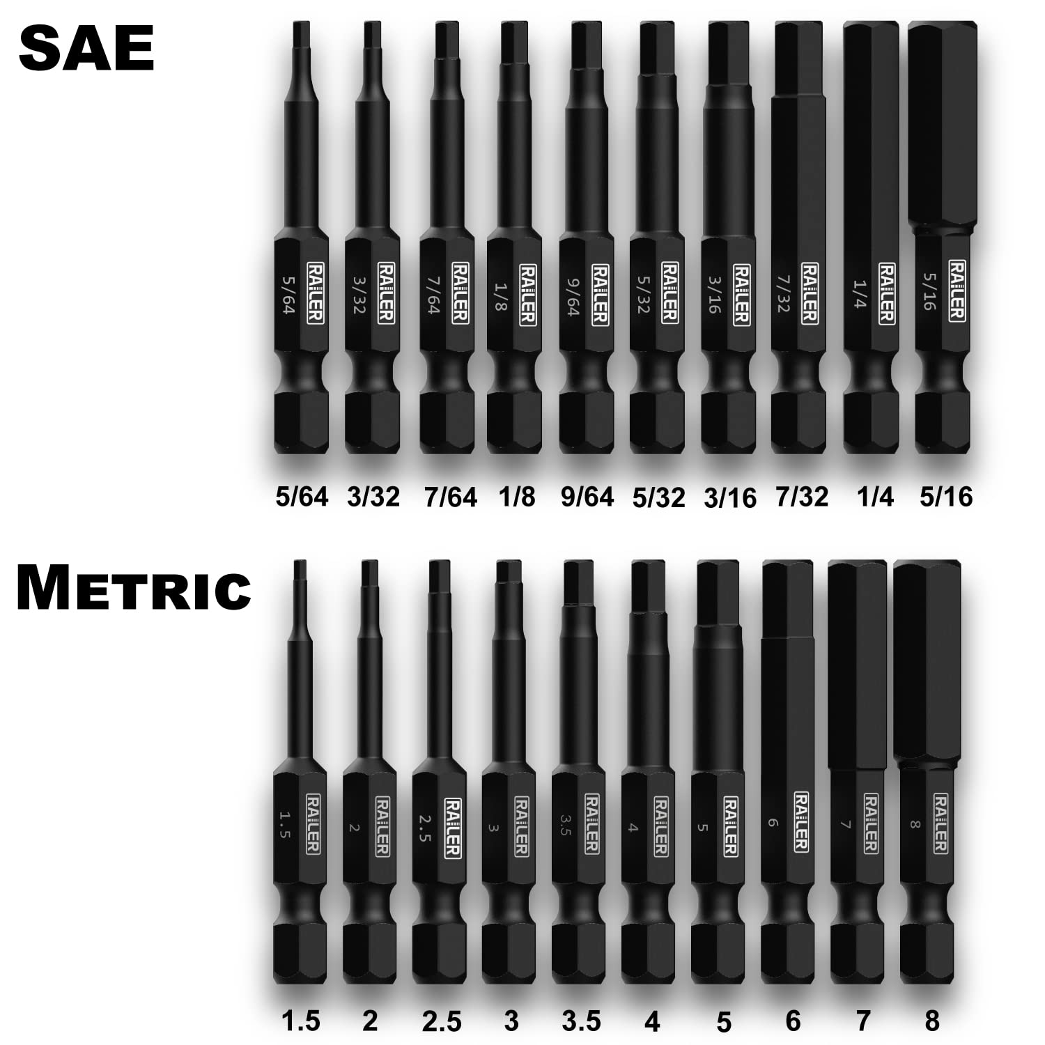 Hex Bit Set, Railer 20-PC Hex Head Allen Wrench Screwdriver SAE & MM Hex Bit Set. S2 Steel Impact Driver 2" Hex Bits for Furniture Screws