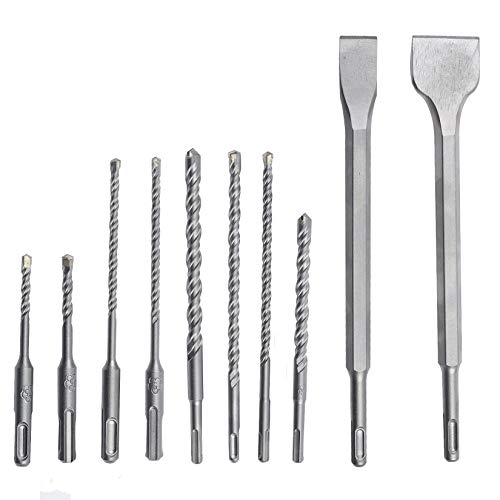 RVIQI 17 PCS Hammer Drill Bits and Chisels Set, SDS Plus Shank Connection Concrete Masonry Hole Tool Including Carbide Rotary Drill Bits, Pointed and Flat Chisels, Hard Storage Case