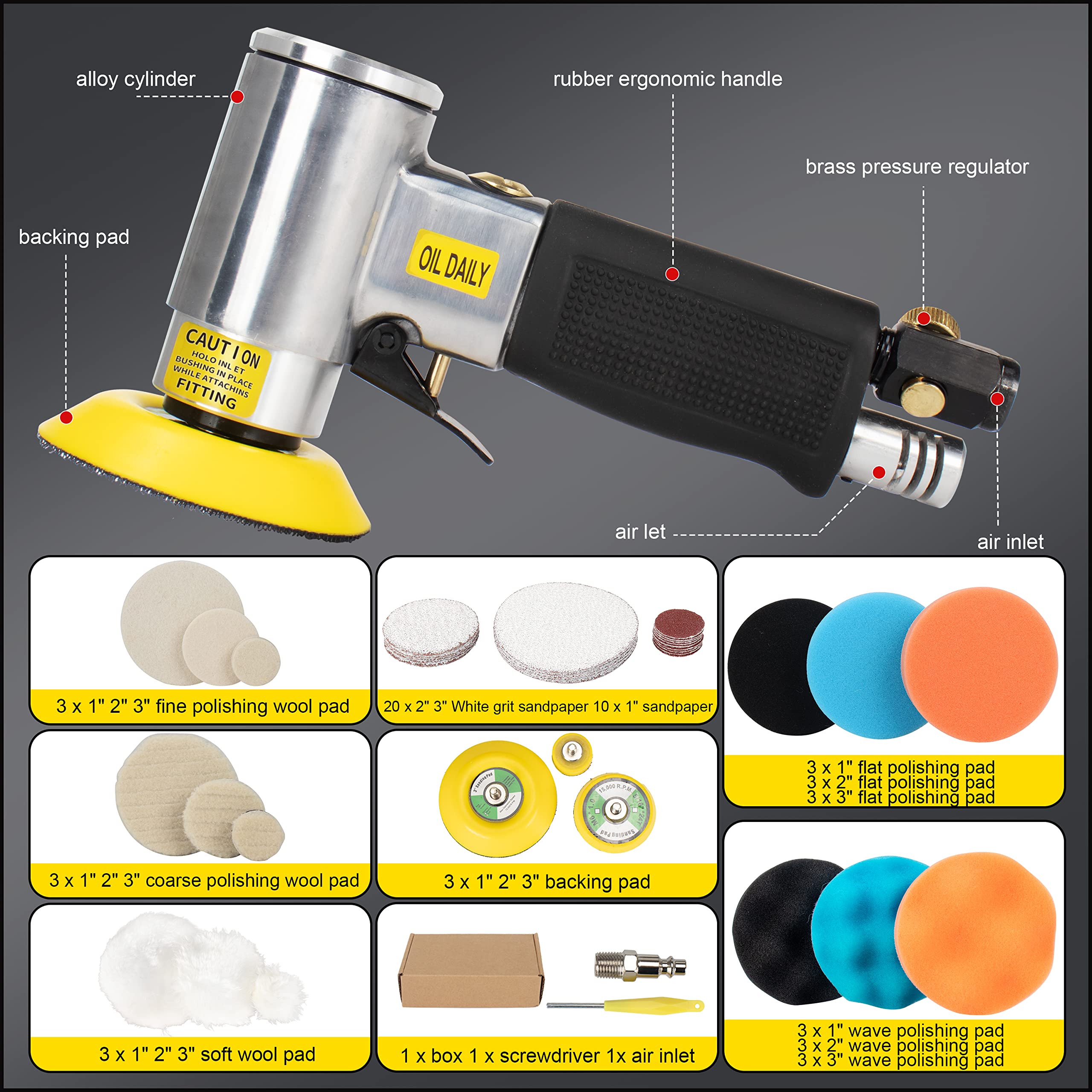 BAINUO 1/2/3 Inch Mini Air Angle Sander Air Random Orbital Palm Sander Grinder for Auto Body Work, High Speed Air Powered Sanders & Polisher with 27 Polishing Pads Buffing Pads and 30 Sandpapers