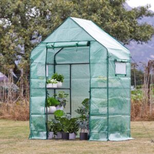 Walk-in Greenhouse 77x56x30 in 2 Windows 3 Tiers 4 Shelves 8 Net Rack Buckles Hot House Roll Up Zipper Door Plant Gardening Portable Green House for Indoor Outdoor Use Extra Anchors & Wind Ropes