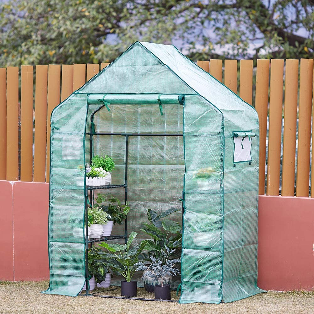 Walk-in Greenhouse 77x56x30 in 2 Windows 3 Tiers 4 Shelves 8 Net Rack Buckles Hot House Roll Up Zipper Door Plant Gardening Portable Green House for Indoor Outdoor Use Extra Anchors & Wind Ropes