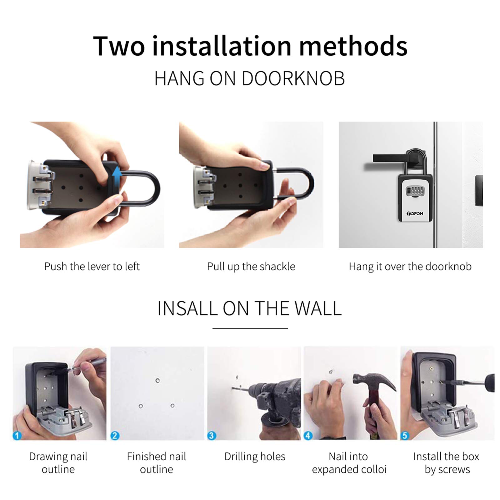 TOPOM Key Lock Box for Outside - Portable Weatherproof Combination Security Safe Boxes with Resettable Code for House Keys, Realtors, Hotels, Garage Spare