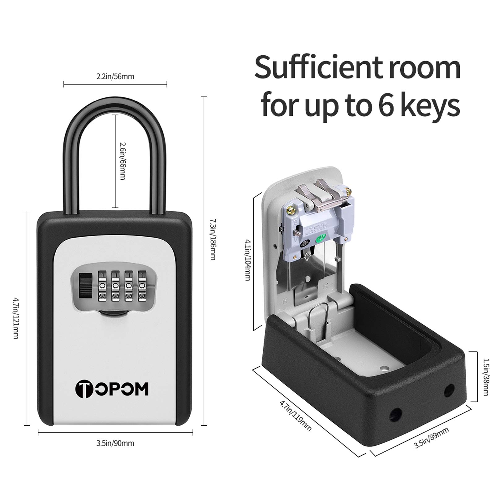 TOPOM Key Lock Box for Outside - Portable Weatherproof Combination Security Safe Boxes with Resettable Code for House Keys, Realtors, Hotels, Garage Spare