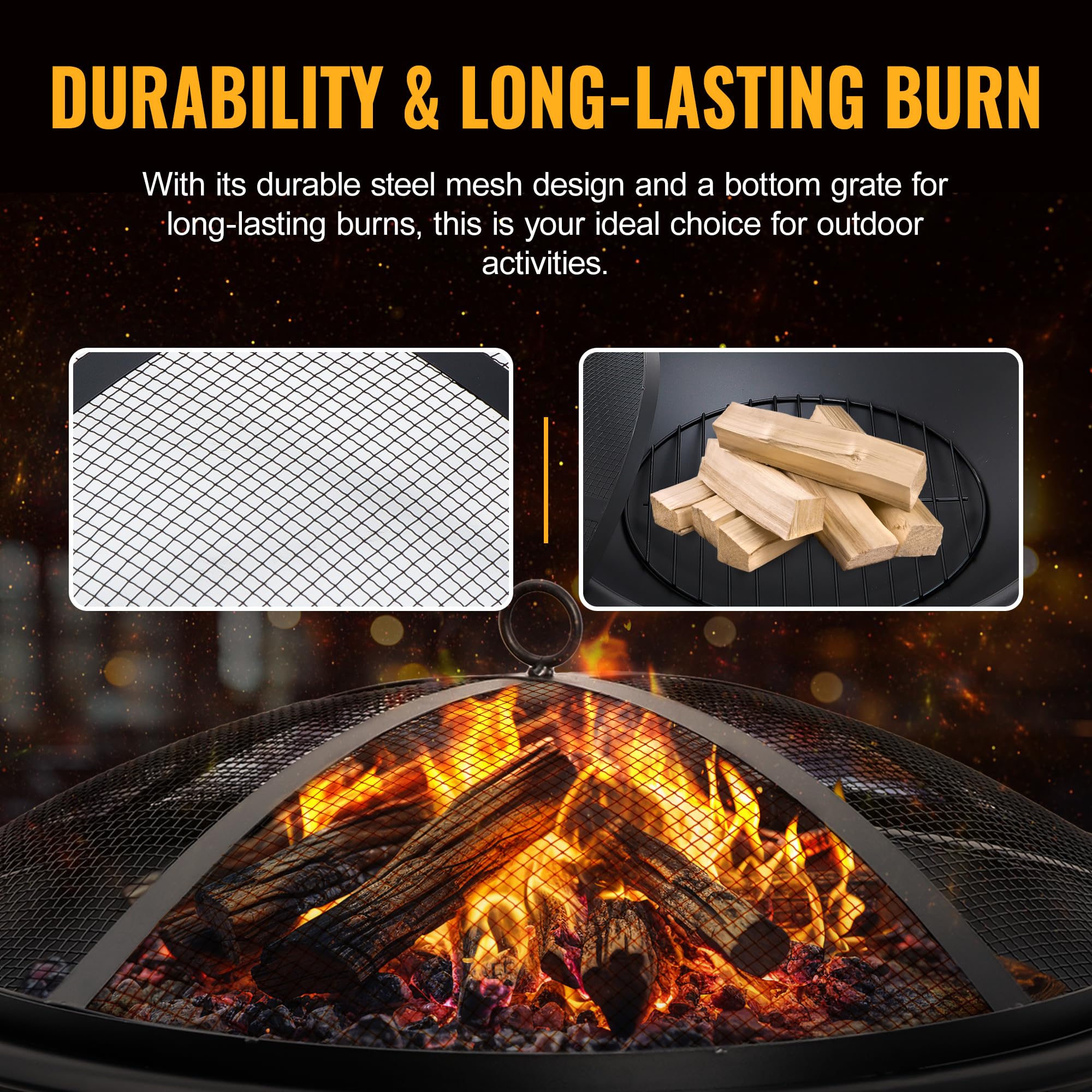 LEMY 22 Inch Outdoor Firepit Wood Burning BBQ Grill Steel Firepit Bowl for Patio Backyard Garden Camping Picnic Bonfire w/Spark Screen Cover, Log Grate, Fire Poker