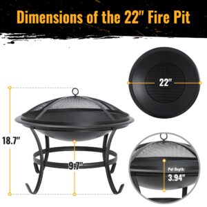 LEMY 22 Inch Outdoor Firepit Wood Burning BBQ Grill Steel Firepit Bowl for Patio Backyard Garden Camping Picnic Bonfire w/Spark Screen Cover, Log Grate, Fire Poker