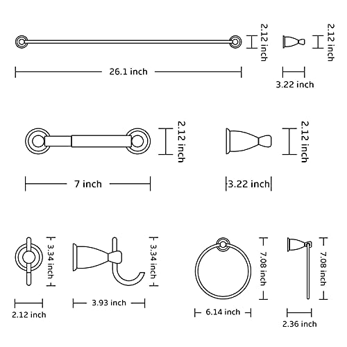 BGL 4-Piece Bathroom Accessory Set Brushed Nickel Bathroom Hardware Set 24 Inches Adjustable Towel Bar Towel Ring Paper Holder Robe Hook