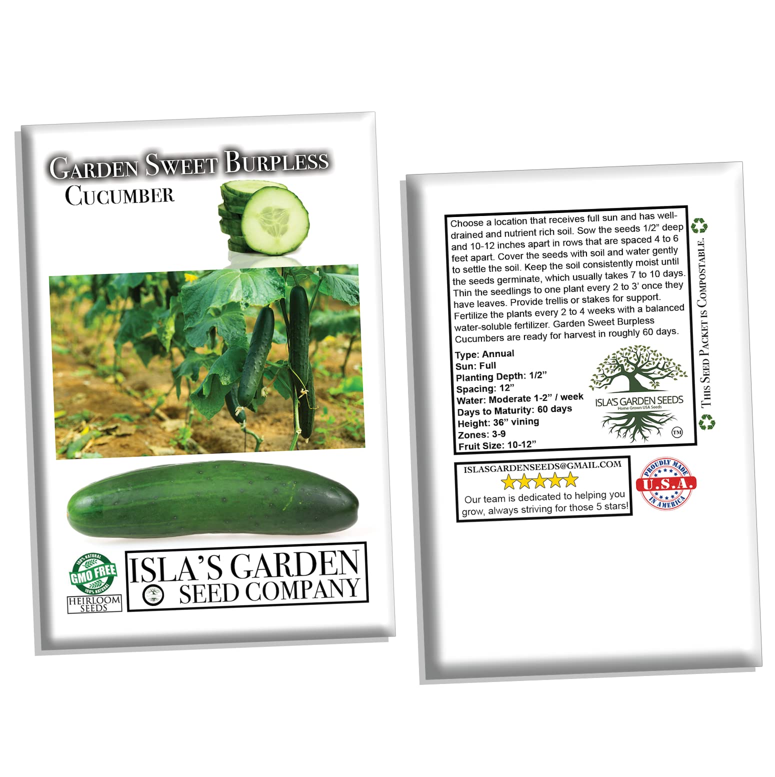 Garden Sweet Burpless Cucumber Seeds for Planting, 50+ Heirloom Seeds Per Packet, (Isla's Garden Seeds), Non GMO Seeds, Botanical Name: Cucumis sativus, Great Home Garden Gift