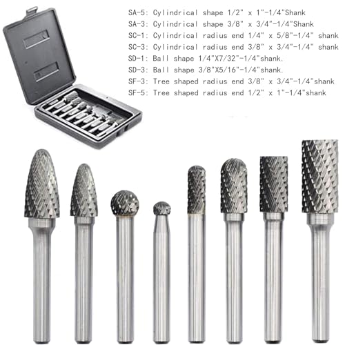 Carbide Rotary Burr Set 1/4'' Shank, 8PCS Double Cut Die Grinder Bits Grinding Tool for Metal Wood Jade Carving Engraving Polishing Drilling Milling Cutting