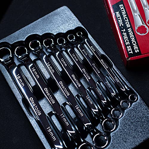 Olsa Tools Bolt Extractor Offset Wrench Set (7pc) | 6-Pt Box End Rounded Nut Remover | Stripped Bolt & Nut Remover | Metric Wrench Set | Professional Grade