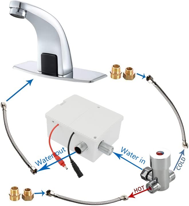 Automatic Touchless Bathroom Faucet Motion Sensor Sink Faucets, Hands Free Water Tap with Temperature Mixer Single Hole Cover Plate and 3/8" 1/2" Adapter & 3 Hoses, Chrome Finished