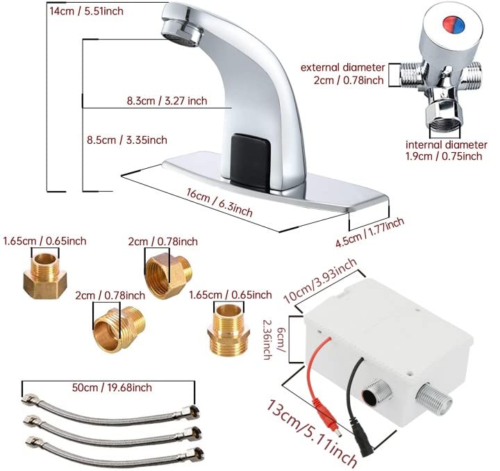 Automatic Touchless Bathroom Faucet Motion Sensor Sink Faucets, Hands Free Water Tap with Temperature Mixer Single Hole Cover Plate and 3/8" 1/2" Adapter & 3 Hoses, Chrome Finished