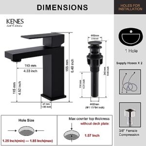 KENES Matte Black Single Handle Bathroom Sink Faucet, Stainless Steel Vanity Faucet for Bathroom Sink, with Pop Up Drain Stopper & Water Supply Hoses LJ-9031-2