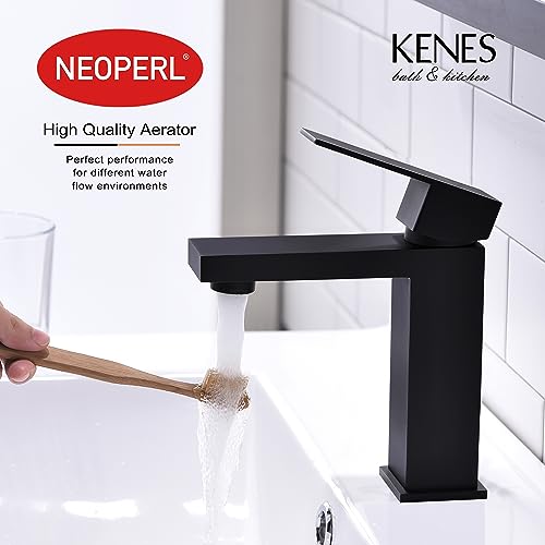 KENES Matte Black Single Handle Bathroom Sink Faucet, Stainless Steel Vanity Faucet for Bathroom Sink, with Pop Up Drain Stopper & Water Supply Hoses LJ-9031-2