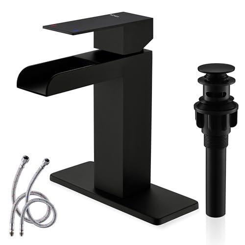 KENES Matte Black Waterfall Bathroom Faucet, Single Handle Black Bathroom Sink Faucet with Faucet Escutcheons, Pop Up Drain Stopper & Lead-Free Water Supply Lines LJ-9035-2