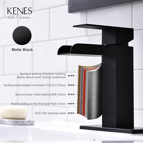 KENES Matte Black Waterfall Bathroom Faucet, Single Handle Black Bathroom Sink Faucet with Faucet Escutcheons, Pop Up Drain Stopper & Lead-Free Water Supply Lines LJ-9035-2