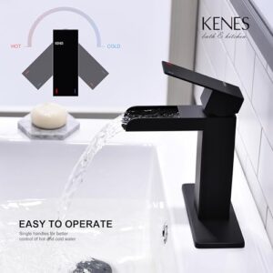 KENES Matte Black Waterfall Bathroom Faucet, Single Handle Black Bathroom Sink Faucet with Faucet Escutcheons, Pop Up Drain Stopper & Lead-Free Water Supply Lines LJ-9035-2