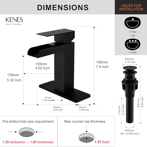 KENES Matte Black Waterfall Bathroom Faucet, Single Handle Black Bathroom Sink Faucet with Faucet Escutcheons, Pop Up Drain Stopper & Lead-Free Water Supply Lines LJ-9035-2