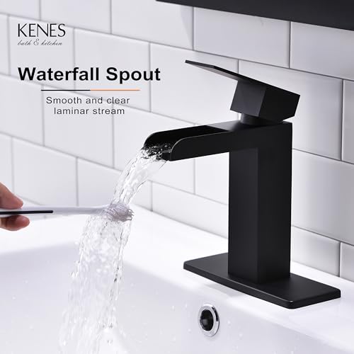 KENES Matte Black Waterfall Bathroom Faucet, Single Handle Black Bathroom Sink Faucet with Faucet Escutcheons, Pop Up Drain Stopper & Lead-Free Water Supply Lines LJ-9035-2