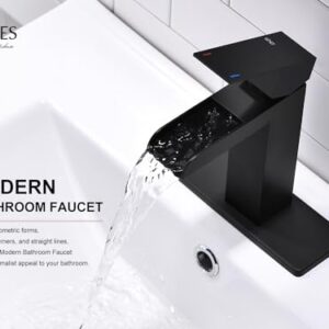 KENES Matte Black Waterfall Bathroom Faucet, Single Handle Black Bathroom Sink Faucet with Faucet Escutcheons, Pop Up Drain Stopper & Lead-Free Water Supply Lines LJ-9035-2