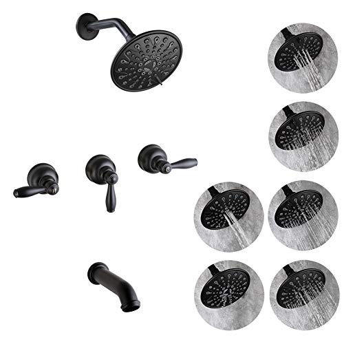 POP SANITARYWARE Matte Black 3 Handle Tub and Shower Faucet Set with 6 Spray Shower Head, Bathtub Faucet Set with Tub Spout Bathroom Mixer Tub and Shower Trim Kit with Valve