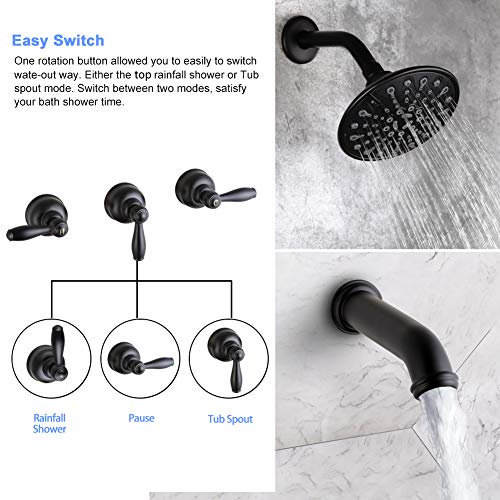 POP SANITARYWARE Matte Black 3 Handle Tub and Shower Faucet Set with 6 Spray Shower Head, Bathtub Faucet Set with Tub Spout Bathroom Mixer Tub and Shower Trim Kit with Valve