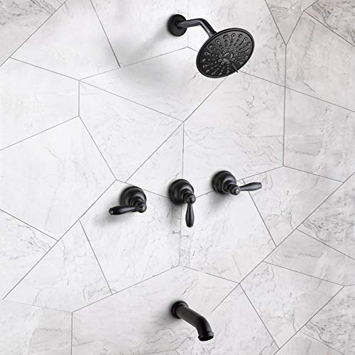 POP SANITARYWARE Matte Black 3 Handle Tub and Shower Faucet Set with 6 Spray Shower Head, Bathtub Faucet Set with Tub Spout Bathroom Mixer Tub and Shower Trim Kit with Valve