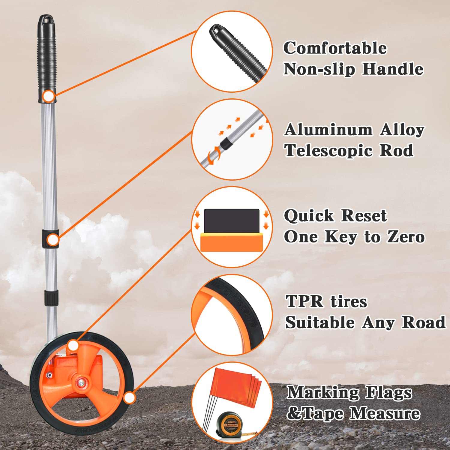 Zozen Measuring Wheel with 20pc Marking Flags - Distance Measuring Wheel in Feet and Inches, Scalable Length | Measures Up To 10,000Ft | Includes Tape Measure