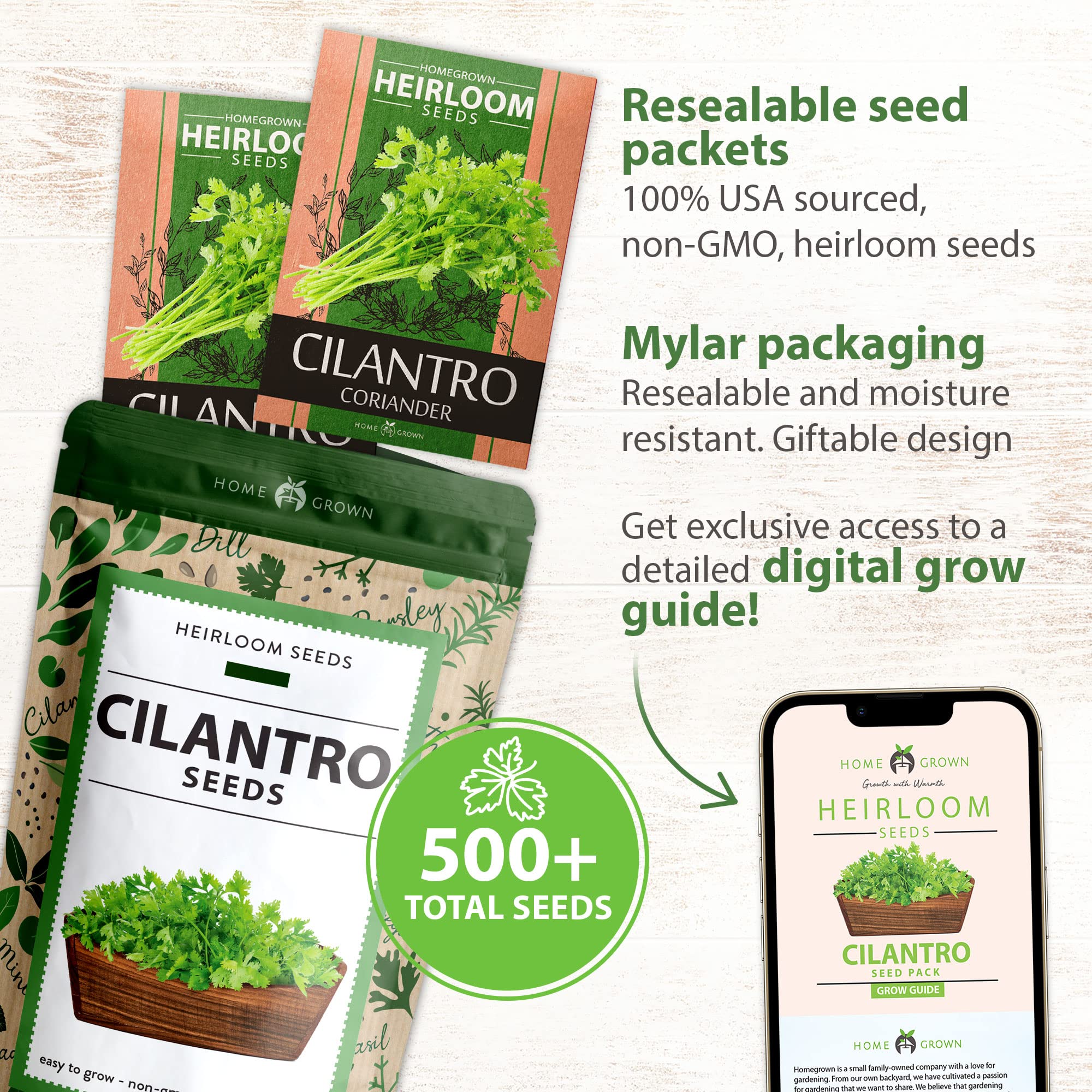 HOME GROWN 500+ Cilantro Seeds for Planting Indoors or Outdoors - Heirloom, Non-GMO Coriander Seeds, Grow Your Own Cilantro Plant - Culinary Herb Seeds for Your Herb Garden