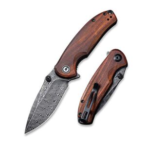 civivi pintail flipper pocket knife for edc, liner lock knife 2.97'' damascus blade cuibourtia wood handle c2020ds-2