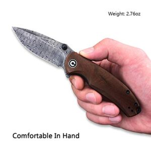 CIVIVI Pintail Flipper Pocket Knife for EDC, Liner Lock Knife 2.97'' Damascus Blade Cuibourtia Wood Handle C2020DS-2